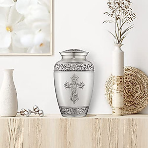 Reminded Adult Cremation Memorial Urn for Human Ashes, Pewter Etched Cross Brass Funeral Urn with Velvet Bag