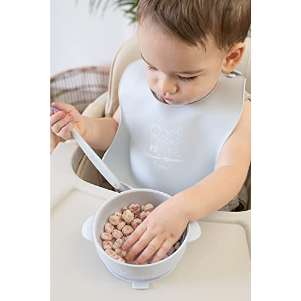 Kcuina Silicone Baby Feeding Set - Suction Plate, Bowl with Lid, Baby Spoons, and Bibs. First Stage Self-Feeding Utensils Set. Food Grade Silicone. BPA Free.