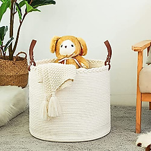 KAKAMAY Large Cotton Rope Blanket Basket (20"x13"),Woven Baby Laundry Hamper，Blanket Basket for Nursery, Laundry, Living Room, Pillows, Toys （White/Beige）