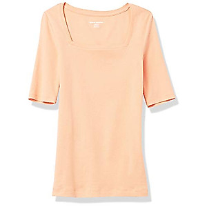 Amazon Essentials Women's Slim-Fit Half Sleeve Square Neck T-Shirt, Coral Orange, Medium