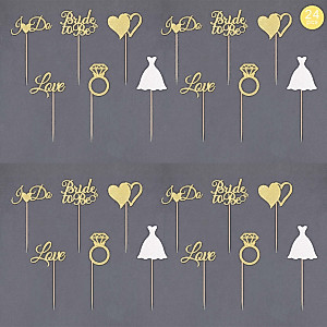 Gexolenu 24 Pcs Bride To Be Cupcake Toppers Gold Glitter Double-Sided I Do Love Heart Diamond Ring Cupcake Picks Decorations For Bridal Shower Wedding Engagement Party Supplies
