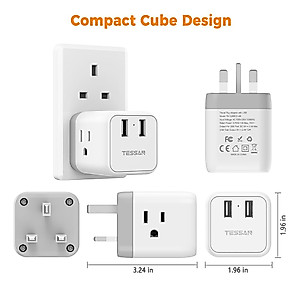TESSAN US to UK Plug Adapter, Type G UK Travel Plug Adapter, Ireland Scotland Dubai Power Adapter with 3 Outlets and 2 USB Ports, USA to England London British Qatar Kenya Outlet Converter