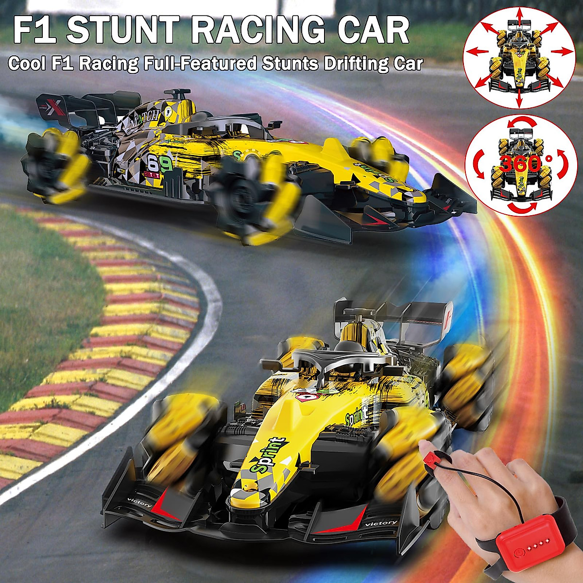 Ruxrcni Gesture Sensing Remote Control Car, F1 RC Stunt Car 1:14 Scale 4WD 2.4GHz 360° Rotating RC Cars Toy for Kids with Spray Lights RC Drift Car Boys Girls Gifts Birthday Xmas for 6-12 Year Old