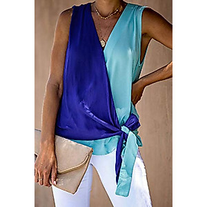 Huange Womens Wrap V Neck Tank Tops Short Sleeve Color Block Tunic Tops Front Tie Knot Shirt Blouses