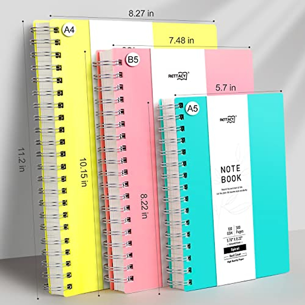 RETTACY Spiral Notebook 300 Pages - A5 Small Spiral Notebook with 5.7" × 8.22", 100 GSM College Ruled Paper, Twin-Wire Binding, Hardcover, School Supplies Spiral Journal Notebook for Women Men