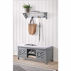 Alaterre Furniture Coventry Coat Hook & Storage Bench Hall Tree Set, Gray, Tool Organization For Entryway, Mudroom, Laundry Room, 4 Double Hooks, 3 Cubbies, 2 Sliding Doors, Traditional, Modern