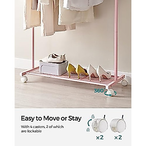 SONGMICS Clothes Rack with Wheels, 36 Inch Garment Rack, Clothing Rack for Hanging Clothes, with Dense Mesh Storage Shelf, 110 lb Load Capacity, 2 Brakes, Steel Frame, Jelly Pink UHSR025P01