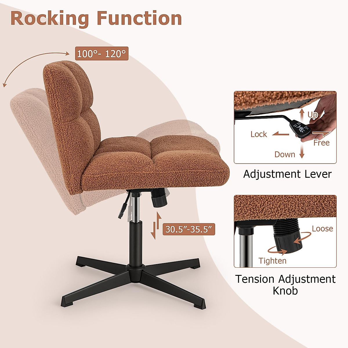 COSTWAY Cross Legged Office Chair, Armless Wide Seat Swivel Desk Chair No Wheels, Height Adjustable Mid Back Computer Task Chair, Modern Faux Lamb Fleece Vanity Chair for Home Office (Brown)