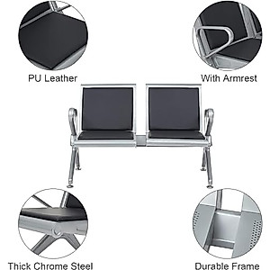 JSUN7 4-Seat Office Waiting Room Chairs - PU Leather Reception Bench, Guest Chairs Airport Seating with Armrests for Hospital Bank Salon Barber Hall Room Conference, Set of 2, Black