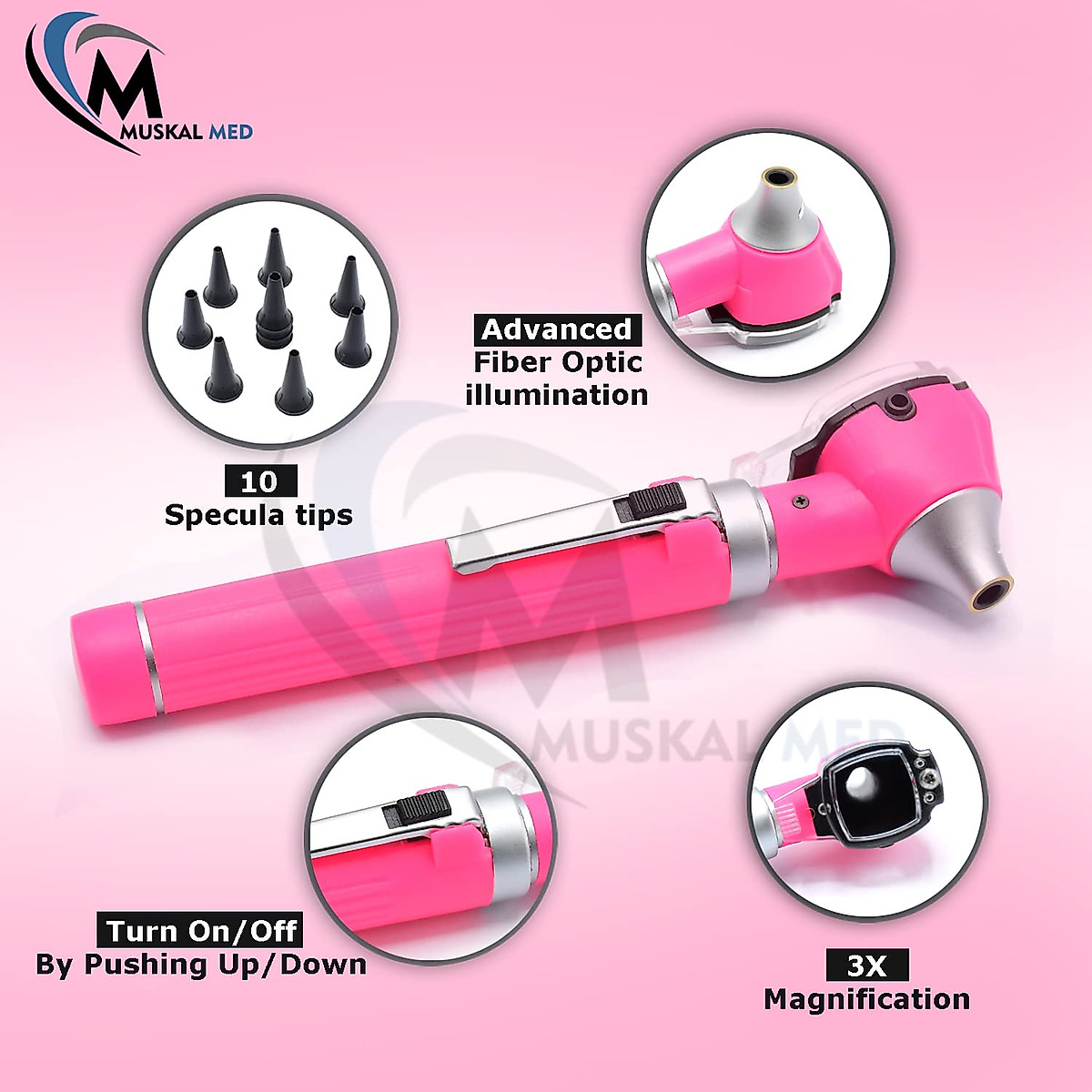 MuskalMed MuskLife Otoscope - Ear Scope with Light, Ear Infection Detector, Pocket Size, in 10+ Colors! Pink Style