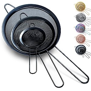 Kyraton Black Fine Mesh Strainer 3 Pieces Set, Flour Sifter For Baking, Stainless Steel Clander, Matcha Tea Strainer, Gravy Separator, Stasher Sieve Pasta Strainers