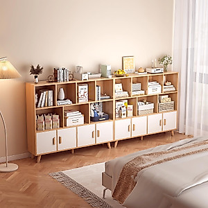 OSCHF Cubby Shelf Bookcase with Doors - Wooden 11 Cube Floor Standing Open Bookshelf with Solid Wood Legs, 3-Tier Storage Cabinet, Oak and Warm White