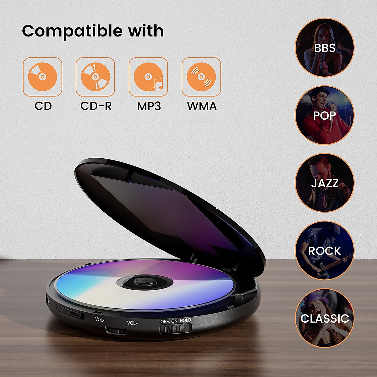Portable CD Player with Headphone, Hernido Rechargeable CD Player for car, Compact CD Walkman with 5 EQ Sounds, AUX Output, Anti-Skip, CD Player for Home & Travel Discman Kpop Player