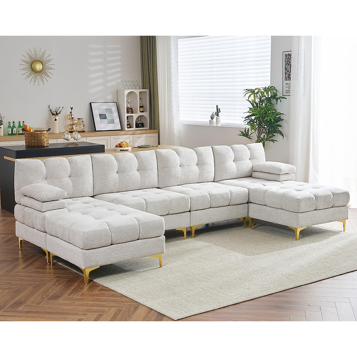 PaPaJet 124 Inch Sectional Sofa, 6 Seater Modular Sectional Couch with Metal Legs, U Shaped Sofa Couch for Living Room, Beige Chenille