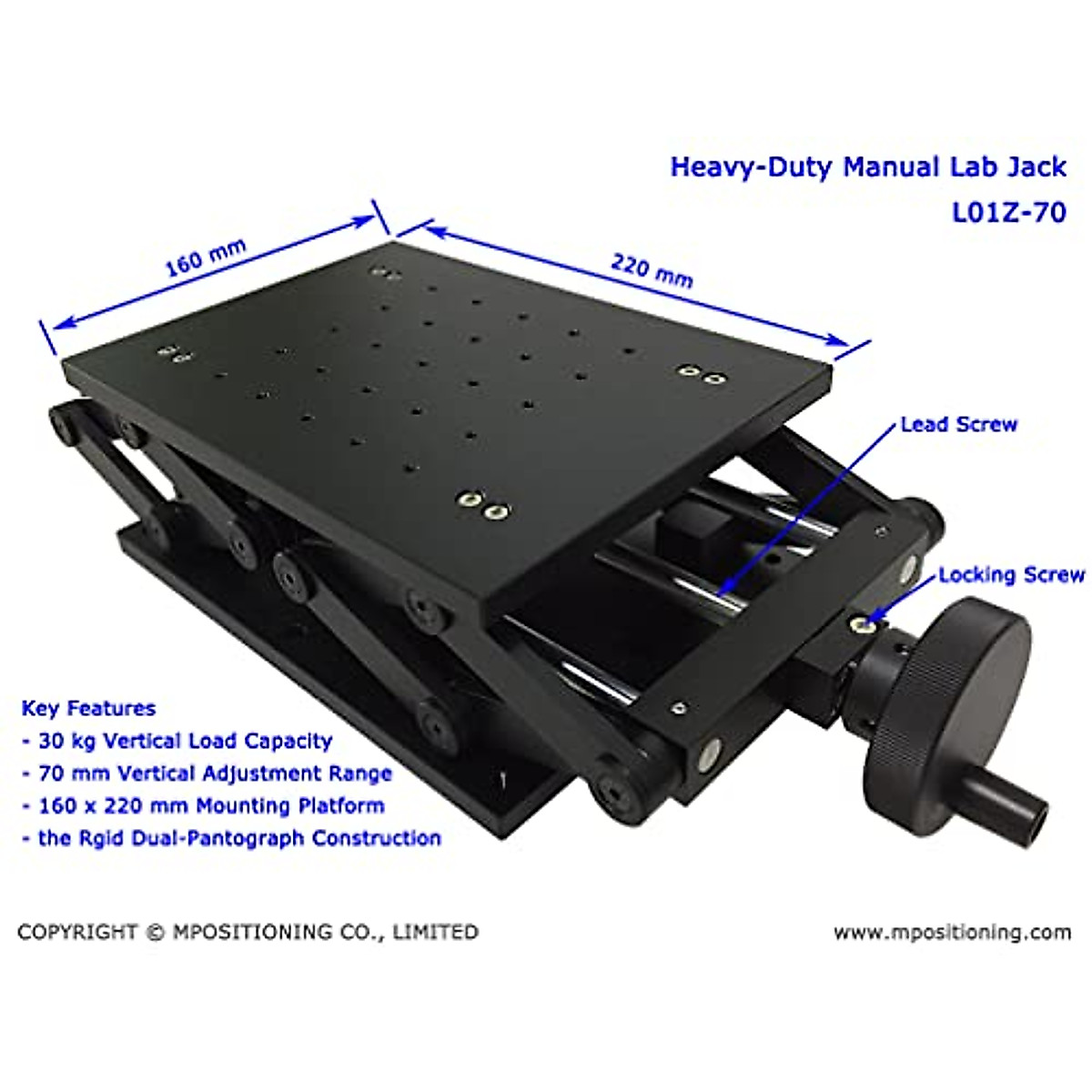 Lab Scissors Jack, MPositioning L01Z-70 Aluminum Laboratory Jack Lift Table 160 x 220 Platform Size, Smooth Motion in 70 mm Z Axia, Support Loading 30kg