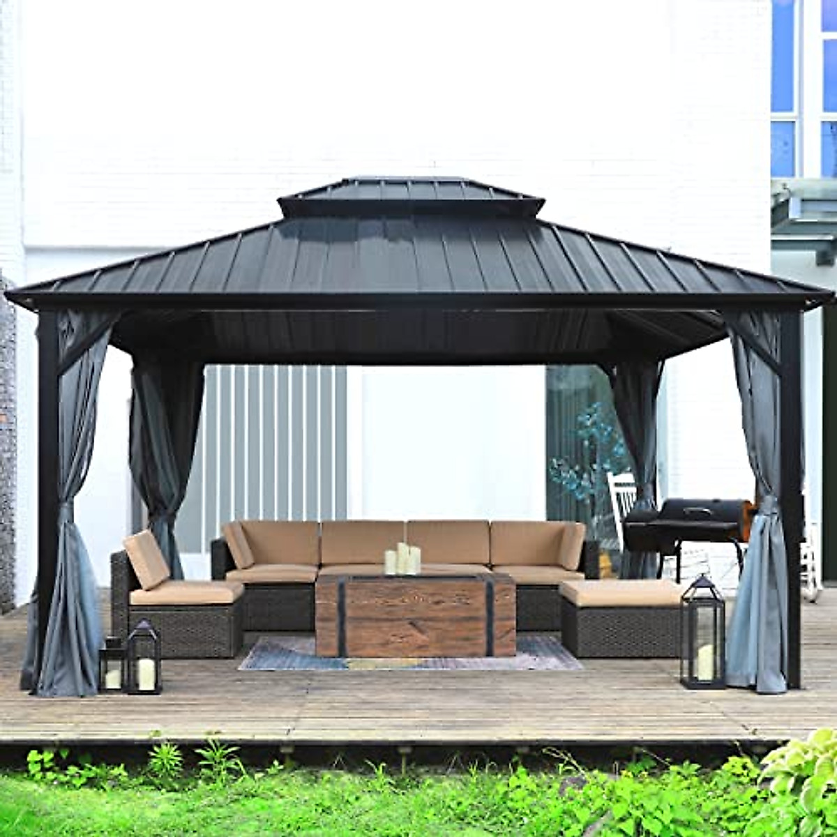 VEIKOU 12' X 14' Hardtop Gazebo, Patio Gazebo w/Double Roof & Aluminum Frame, Heavy Duty Gazebos and Pergolas w/Netting and Curtains for Garden, Deck, Backyard