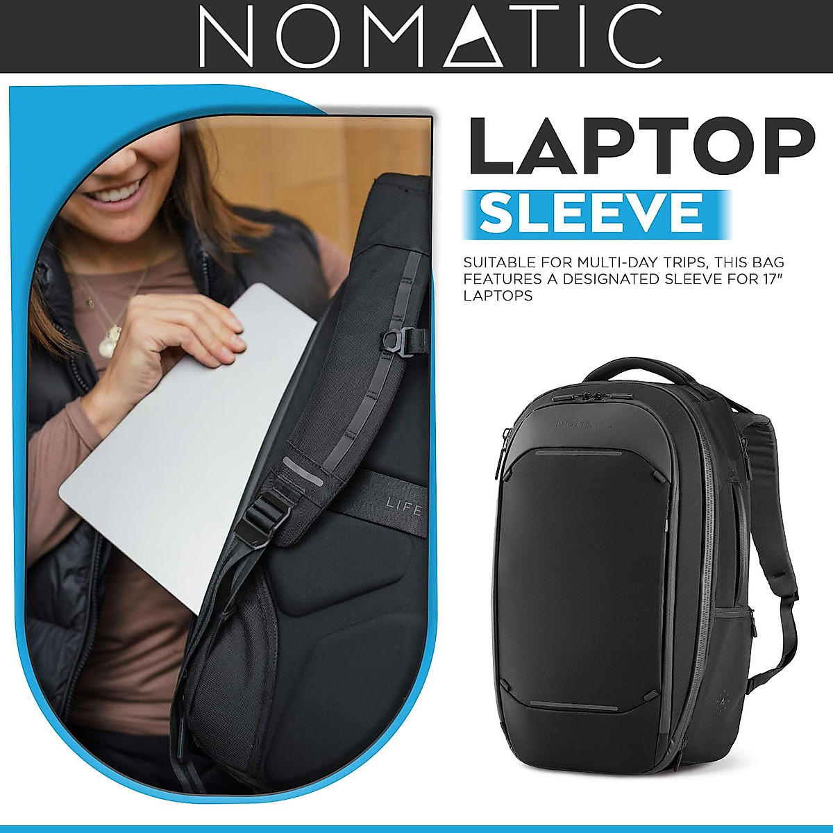 Nomatic Navigator Travel Backpack 32L W/ 9L Built-In Expansion | Anti-Theft Carry-On Size for Travel | 16" Laptop Compartment, Water Resistant Travel Pack, Weekender Bag for Men & Women, Black