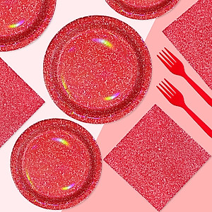 96pcs Iridescence Red Birthday Party Supplies 350 GSM Holographic Red White Christmas Plates and Napkins Rainbow Tableware Sets for Girls Women Bridal Shower Iridescent Party Decorations Serves 24