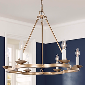 classy leaves Gold Chandeliers for Dining Room, 6-Light Wagon Wheel Chandelier with White Candle, Modern Chandelier Light Fixture Island Light for Kitchen Island, Living Room, Bedroom