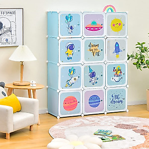 INFANS Children Wardrobe, Kid Closet Portable Baby Dresser Cute for Kids Bedroom Nursery Armoire with Doors 12 Cube 2 Hanging Sections, Kid Clothes Storage Organizer (Blue, 12 Cubes)