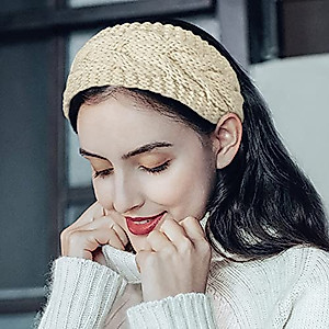 2 Pieces Womens Ear Warmer Headband Cable Knit Winter Headbands Fleece Lined Ear Warmers Stocking Stuffers Gifts,B-Black,Beige