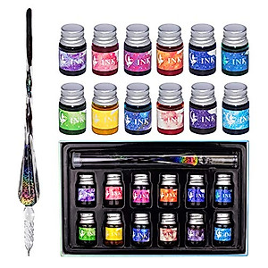 CODACE Glass Dip Pen Ink Set, Calligraphy Dip Pens, Rainbow Crystal Calligraphy Pen and Ink Set with 12 Colorful Inks, Caligraphy Kits for Art, Writing, Signatures, Decoration, Gift