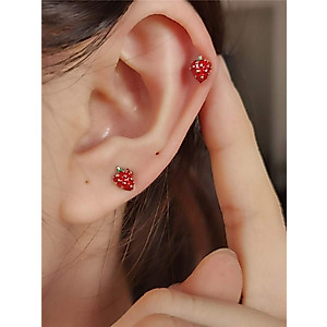 Cute Strawberry Fruits Earrings 925 Sterling Silver Small Stud Earring for Women Red Enamel Lifelike Lucky Cartilage Tragus Post Hypoallergenic Dainty Jewelry Gifts Daughter Niece