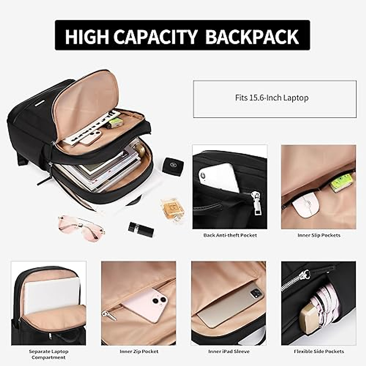 GOLF QUALITY Large Capacity Laptop Backpack for Women Travel Work Computer Bookbag Stylish Casual Daypack Fits 15.6 Inch Notebook(Black)