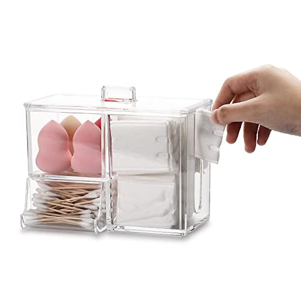Cotton Swab Holder Makeup Organizer Clear Acrylic Cotton Ball / Sponge /Q-tip Holder and Cotton Pad Holder with Lids for Bathroom Containers Dispenser Holder, 3 Divided Sections