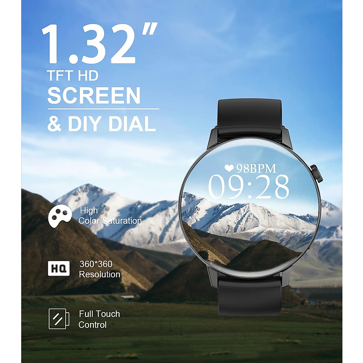 HOK Smart Watch 2023 Bluetooth Call & Text Receive/Dial Smartwatch for Android & iOS Phone with 1.32’ HD Screen Fitness Tracker with Heart Rate Sleep Monitor Pedometer Waterproof for Women Men（Black）