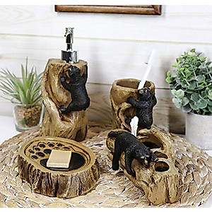 Ebros Rustic Black Bears Climbing Logs Woodlands Forest Bathroom Accent Set of 4 Bar Soap Dish Liquid Soap Pump Bottle Tumbler Cup Toothbrush Holder Western Country Cabin Lodge Decorative Figurines