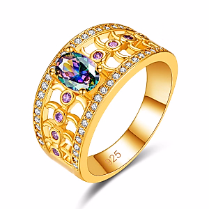 Narica Yellow Gold Plated Women's Vintage Oval Cut Created Blue Sapphire Openwork Ring Wide Band CZ Cubic Zirconia Filled for Mom 9#