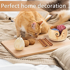 Wooden 6 x 6 x 3 Inch Yarn Bowl Crocheting Bowl Round Knitting Wool Storage Yarn Bowl Handmade with Holes 12 Pieces Crochet Hooks for Crocheting Knitting DIY Crafts Tools (Natural Color)