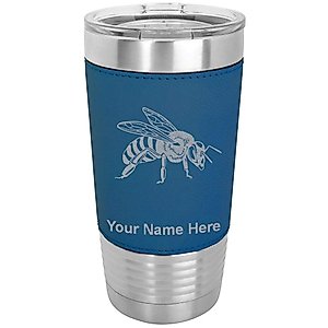 LaserGram 20oz Vacuum Insulated Tumbler Mug, Honey Bee, Personalized Engraving Included (Faux Leather, Blue)