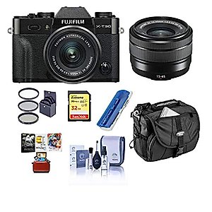 Fujifilm X-T30 Mirrorless Camera with XC 15-45mm f/3.5-5.6 OIS PZ Lens Black - Bundle with Camera Case, 32GB U3 SDHC Card, Cleaning Kit, Card Reader, 52mm Filter Kit, Mac Software Package