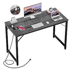 iSunirm Computer Desk with Power Outlets and USB Charging Ports, 48 Inch Modern Home Office Desks, Sturdy Student Writing Table, Simple Laptop PC Gaming Desk for Bedroom Workstation, Black Oak