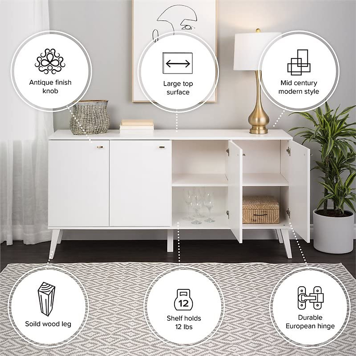 Prepac Milo Mid-Century 4 Door Buffet, 16" D x 64" W x 32" H, White