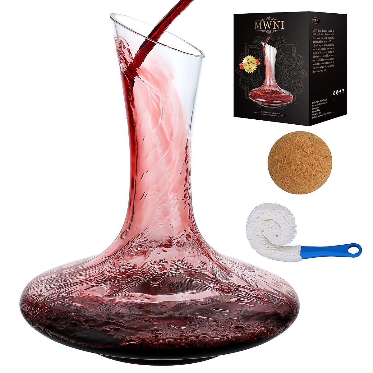 MWNI Wine Decanters and Carafes,Lead-Free Crystal Wine Decanter Set With Stopper and Brush,Used as Wine Aerator,Wine Carafe,Red Wine Decanter, Glass Decanter Wine Accessories, Wine Gifts(1800ml)
