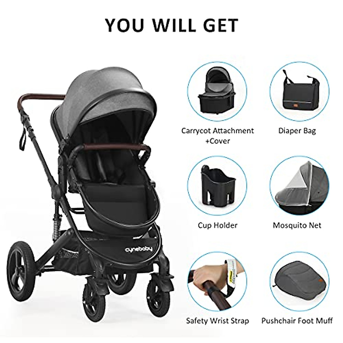 Newborn Infant Toddler Baby Stroller - Strollers with Backrest Adjustable Reversible, 2 in 1 High Landscape Convertible Bassinet Foldable Aluminum Alloy 3D Shock Absorption All Terrain Pram Dark Gray