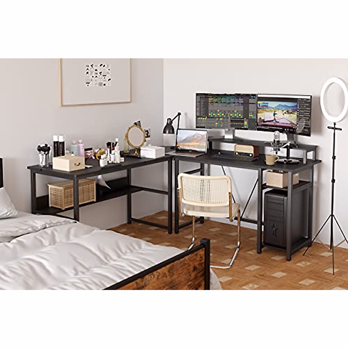 IRONCK L Shaped Desk Drafting Table with Storage Shelves, Corner Table with Tiltable Tabletop and Printer Monitor Shelf Multi-Usage Large Office Desk Workstation, Black