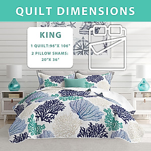 3 Piece Blue Teal Coral Coastal Quilt Sets King Size Nautical Beach Bedding Lightweight Reversible Microfiber Coverlet with 2 Shams Ocean Themed Bedspread Comforter Set for All Season, 96" x 106"
