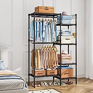 Isyunen Garment Rack, Heavy Duty Clothes Rack with Double Rods and 6 Storage Shelves and 1 Pairs Side Hooks for Hanging Clothes,Adjustable Metal Freestanding Closet Wardrobe Rack,Black (Black)