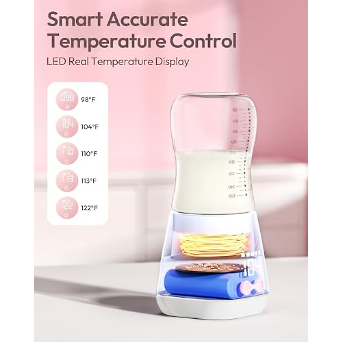 Portable Bottle Warmer, w-maxa Fast Baby Bottle Warmer for Travel with Glass Bottle & 4 Adapters, Rechargeable Bottle Warmer On The Go with Precise Temperature Control for Breastmilk, Formula