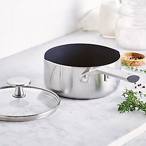 Blue Diamond Cookware Tri-Ply Stainless Steel Ceramic Nonstick, 1.6 QT Saucepan Pot with Lid, PFAS-Free, Multi Clad, Induction, Dishwasher Safe, Oven Safe, Silver