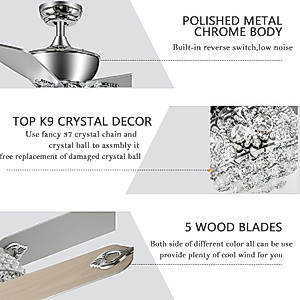 Tropwellhouse 52Inch Crystal Ceiling Fan with Lights 3 Speed Remote Control Elegant Crystal 5 Wood Blades Chrome Ceiling Fan Decoration Home