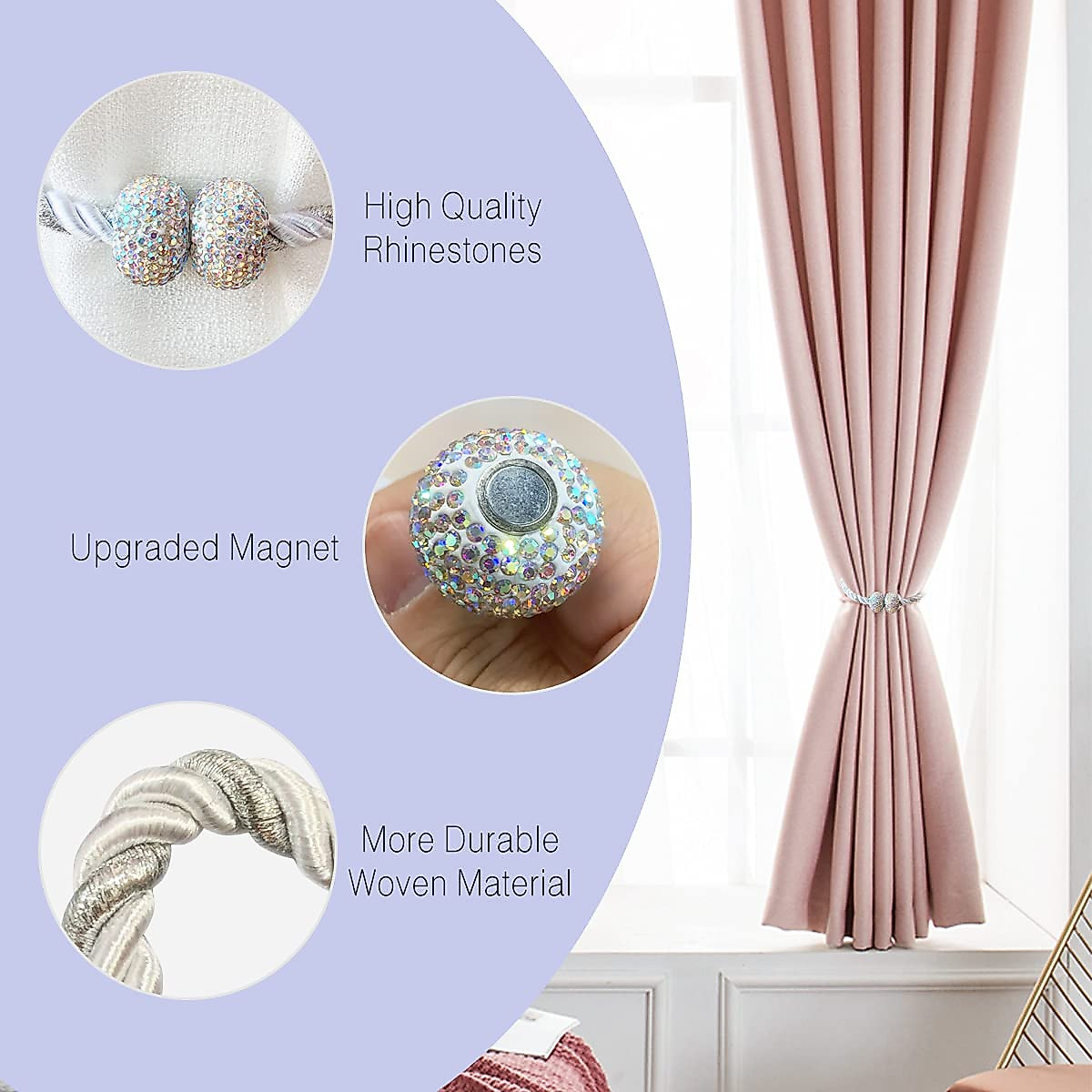 Bling Magnetic Curtain Tiebacks, Decorative Curtain Holdbacks, Crystal Tie Backs for Curtains, Curtain Holders for Window Draperies - 16 inch, Grace, Simplicity & Elegance (Silver, 2)