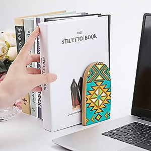 2 Pack Wood Bookends,Native Aztec Tribal Turquoise Decorative Book Ends Support for Shelves Desktop Organizer Wooden Bookshelf for Home School Office