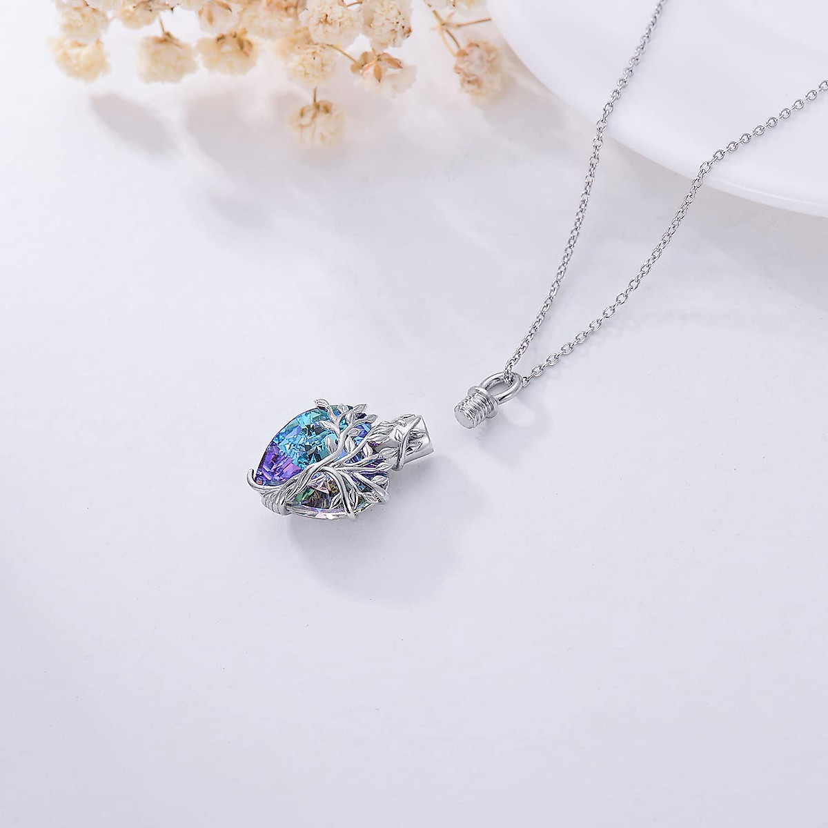 TOUPOP Purple Tree of Life Urn Necklace for Ashes 925 Sterling Silver Amethyst Heart Cremation Necklace w/Funnel Filler Jewelry Gifts for Women