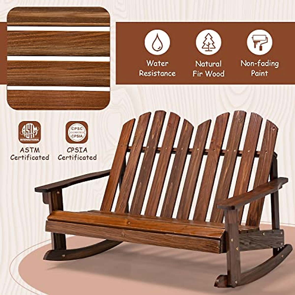 Giantex 2-Person Adirondack Rocking Chair - Kids Outdoor Rocking Bench with Slatted Seat, High Backrest, 220LBS Weight Capacity, Kids Patio Rocker for Balcony, Yard, Poolside (1, Coffee)