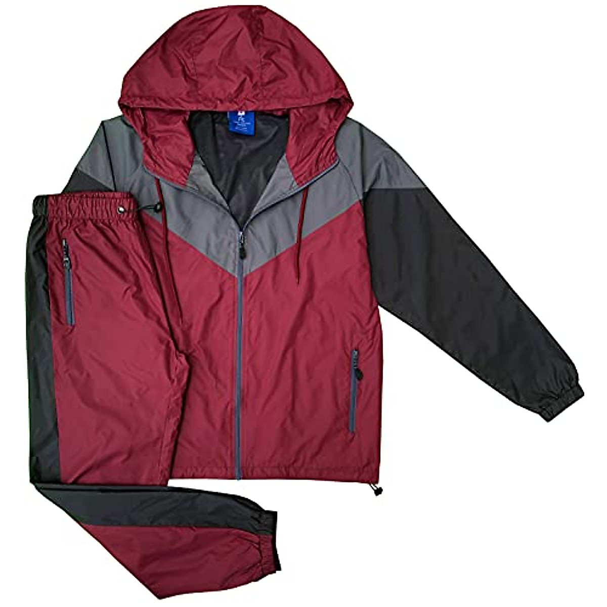 Royal Threads Canada Men’s Colorful Hooded Windbreaker Sweatsuit Meshed Lined Nylon Water Repellent GYM Outfit, Maroon-grey-black, XX-Large